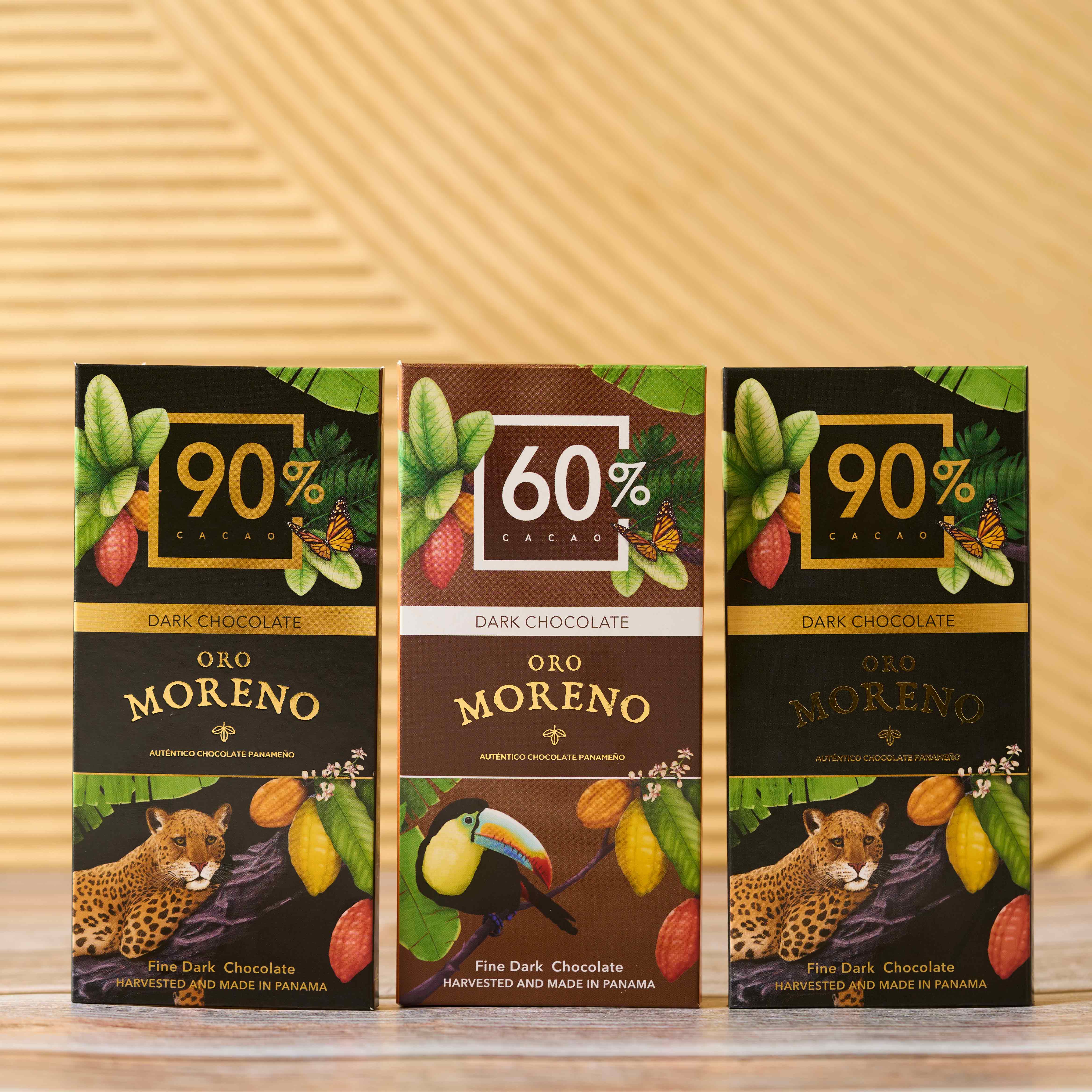 3 PACK BARRAS DE CHOCOLATE: 2 DE CACAO 90% - CACAO 60% – Oro Moreno Panamá